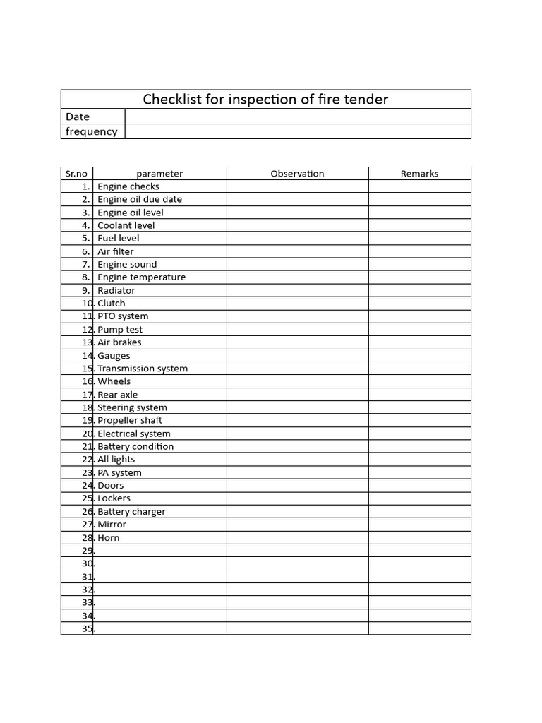 Checklist For Inspection of Fire Tender | PDF