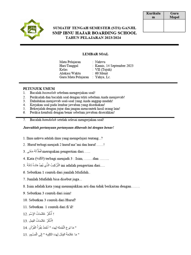 Soal Nahwu STS Kls 7 | PDF