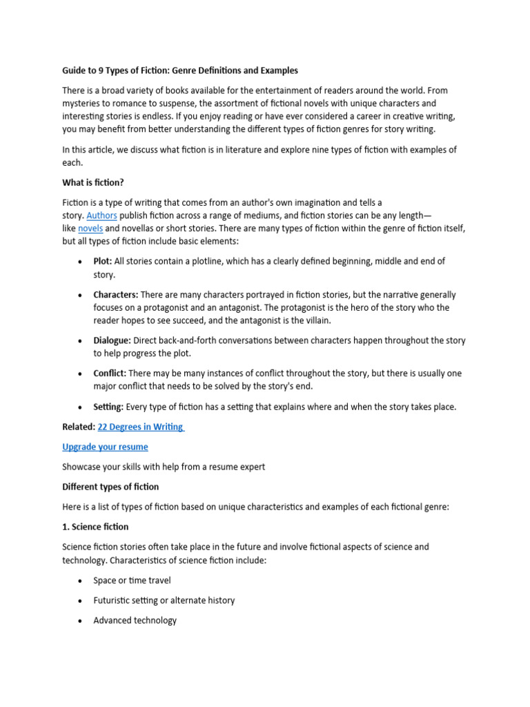 Guide To 9 Types of Fiction | PDF | Thriller (Genre) | Romance Novels