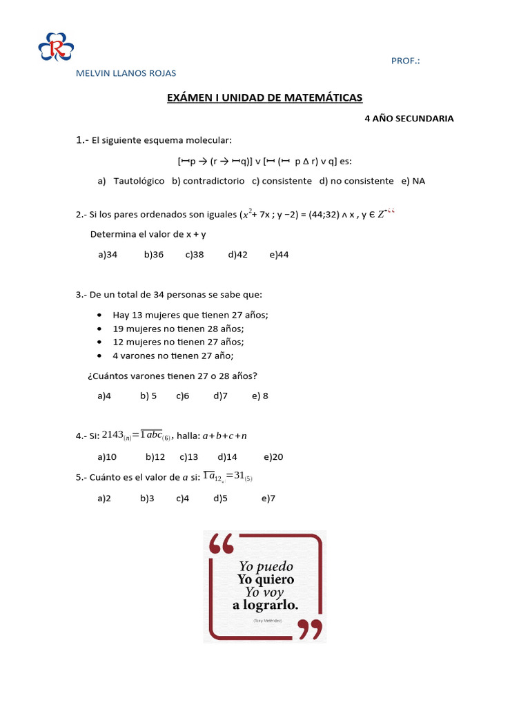 Exámen I Unidad de Matemáticas 4 Año | PDF | Métodos y materiales de ...