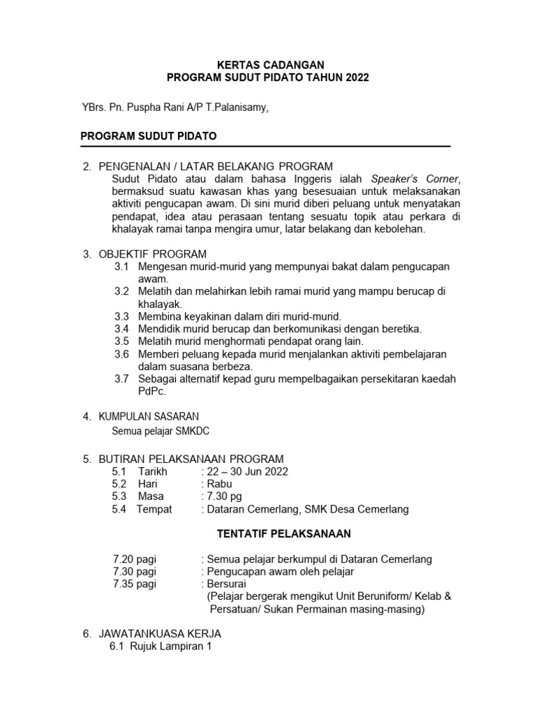Kertas Cadangan Program Sudut Pidato 2022 | PDF