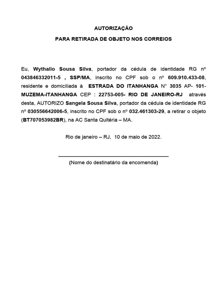 Autorização Objetos Correios | PDF Autorização Objetos Correios | PDF