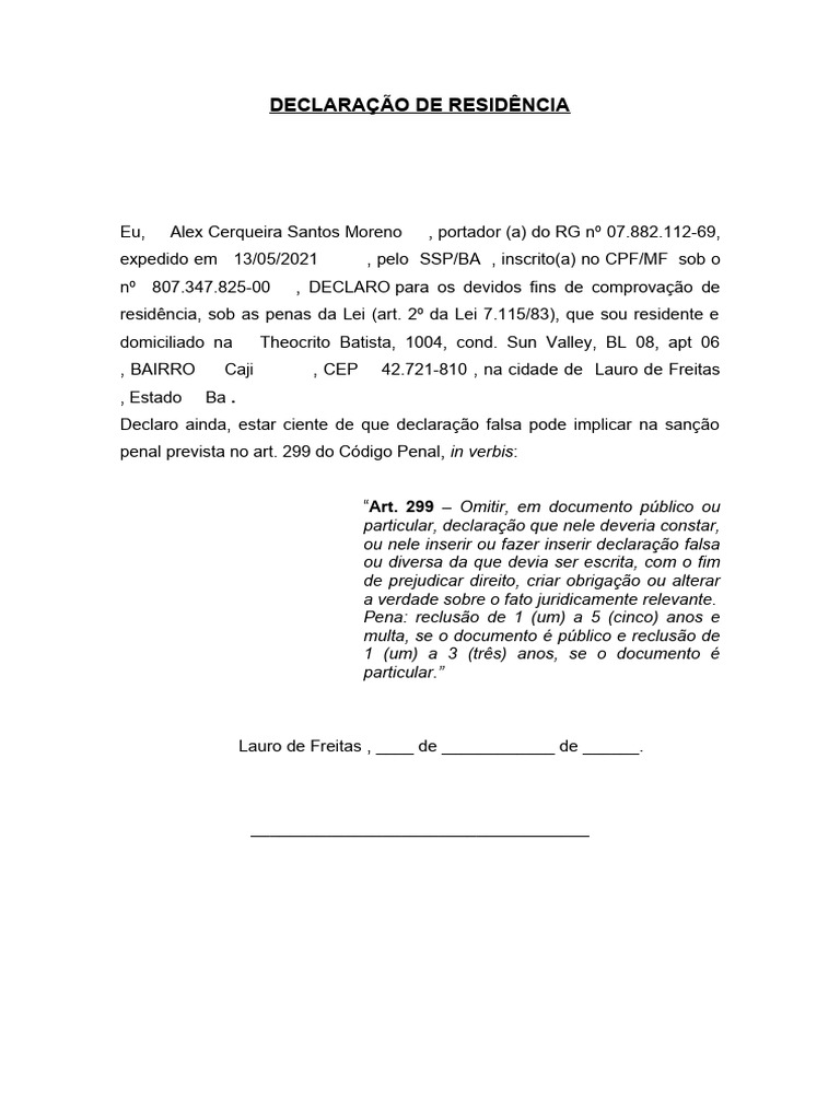 Declaração de Residencia - MODELO | PDF