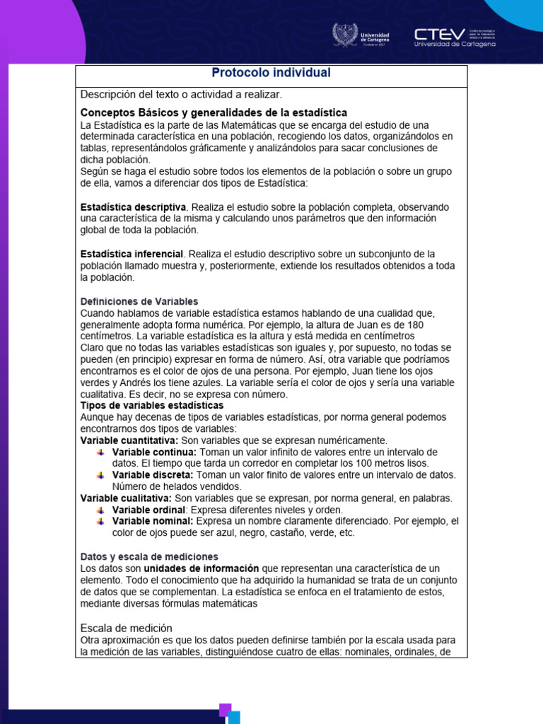 Protocolo Individual Estadistica U1 | PDF | Estadísticas | Nivel de medida