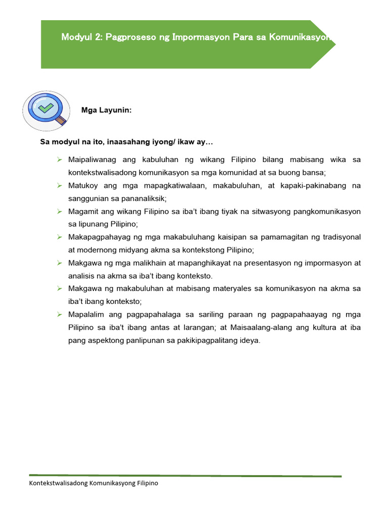Modyul 2: Pagproseso NG Impormasyon para Sa Komunikasyon: Mga Layunin | PDF