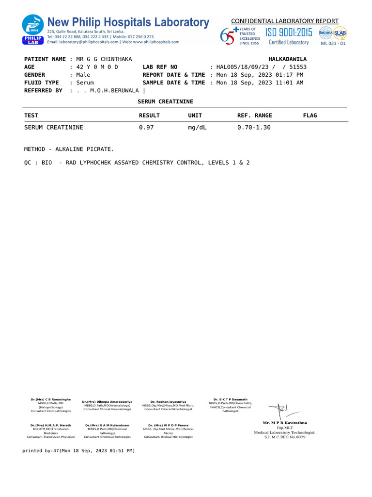 Serum Creatinine Report for Patient G G Chinthaka | PDF | Medical ...