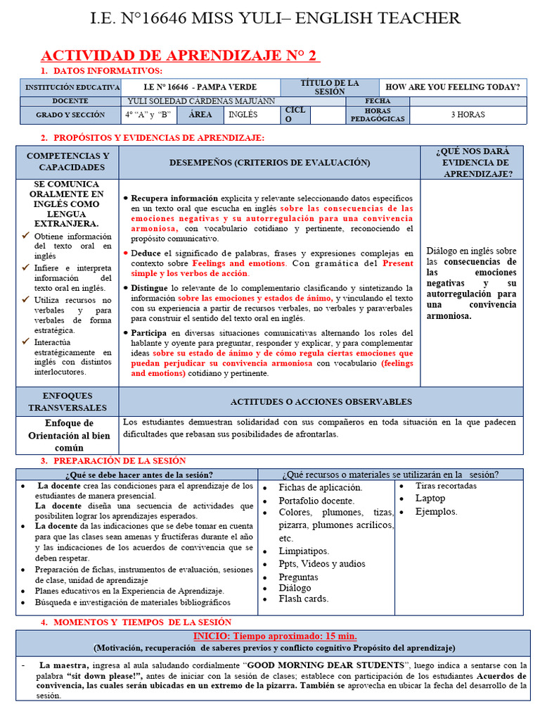 Proyecto de Aprendizaje - Ingles | PDF | Evaluación | Las emociones