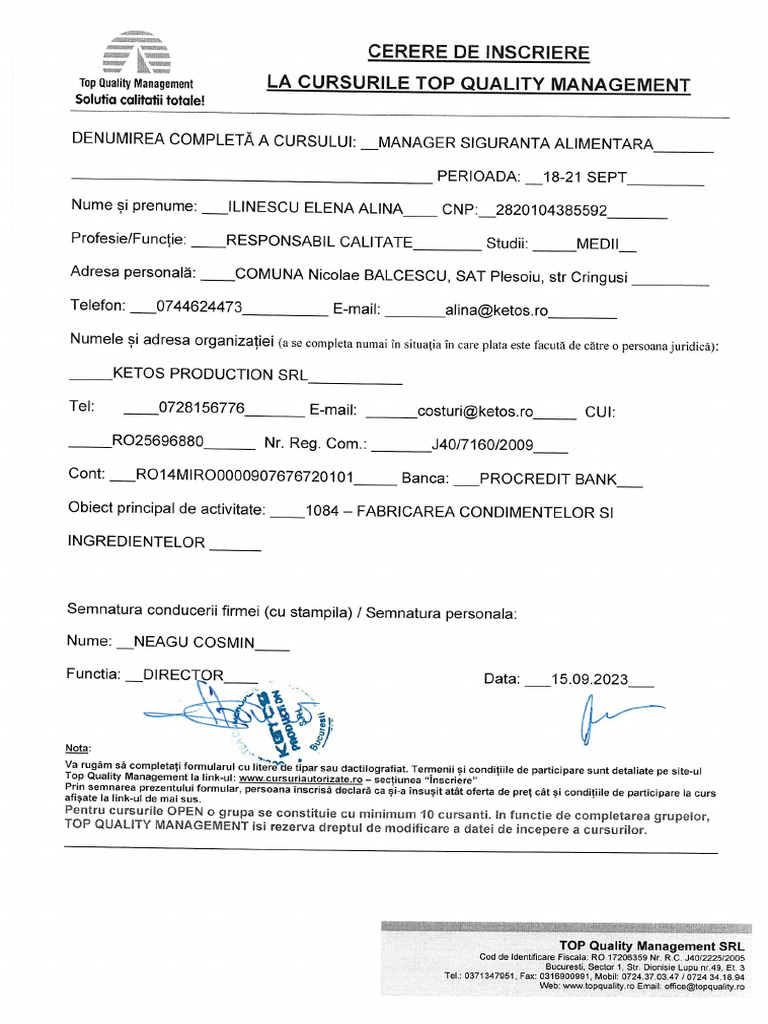 Cerere Inscriere Curs | PDF