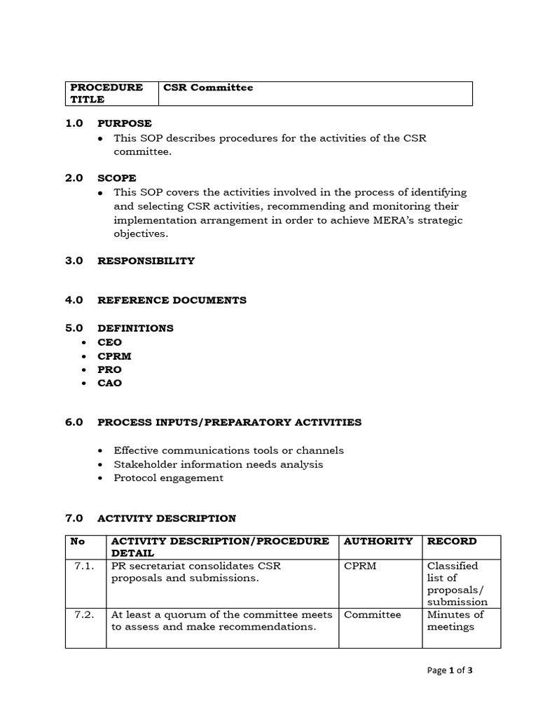 CSR Committee SOP | PDF | Corporate Social Responsibility | Business