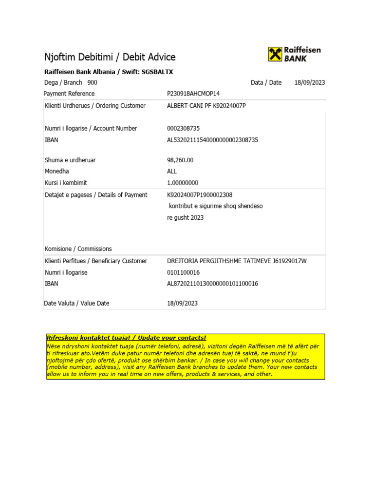 Njoftim Debitimi / Debit Advice: Raiffeisen Bank Albania / Swift ...