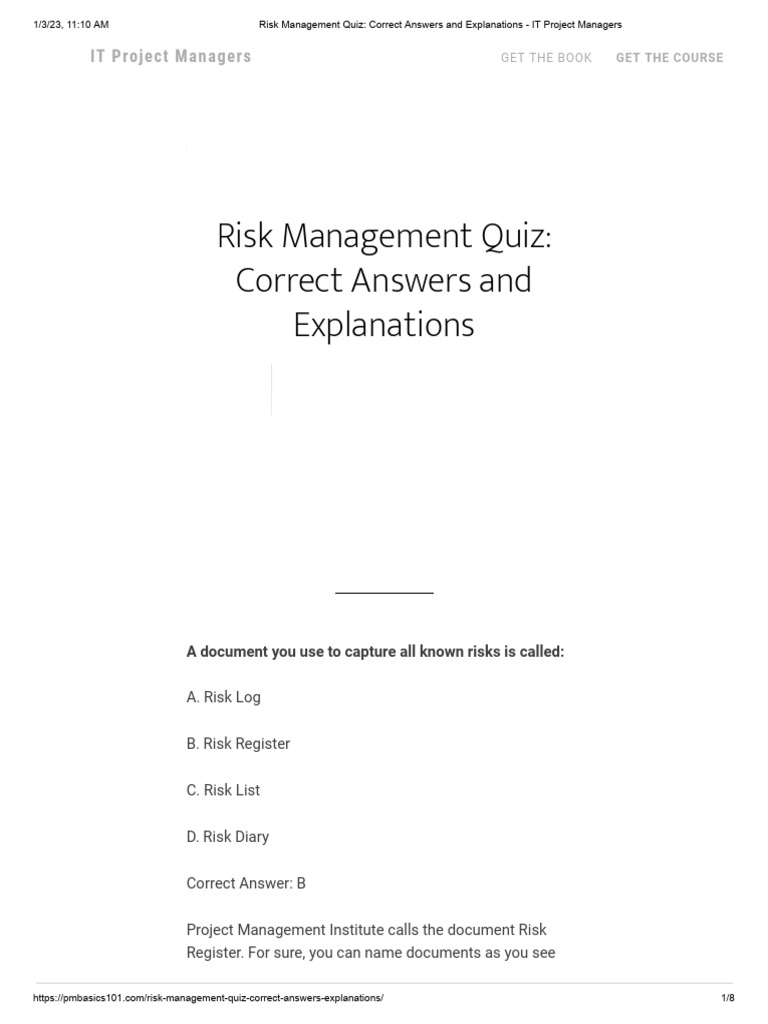 Risk Management Quiz Correct Answers And Explanations It Project