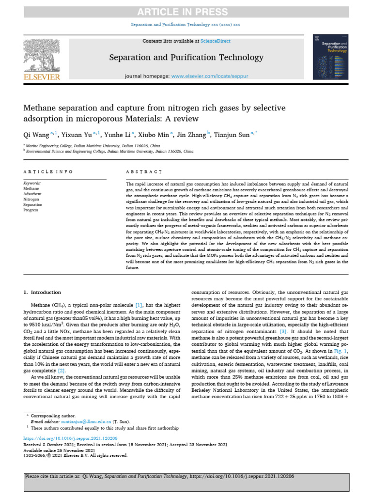 2021 - Methane Separation and Capture From Nitrogen Rich Gases by ...
