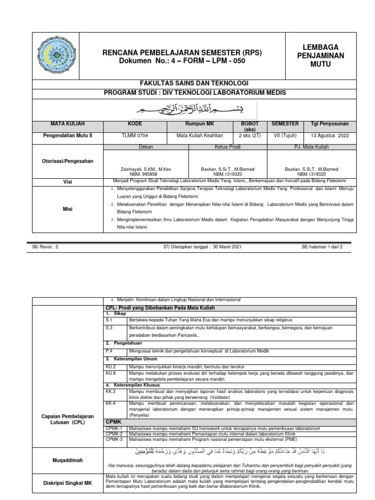 RPS Pengandalian Mutu II | PDF