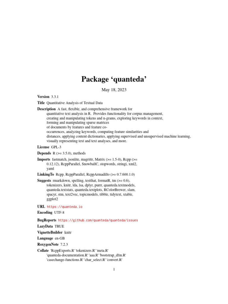R TextAnal quantedaPackage@R | PDF | Function (Mathematics) | Matrix (Mathematics)