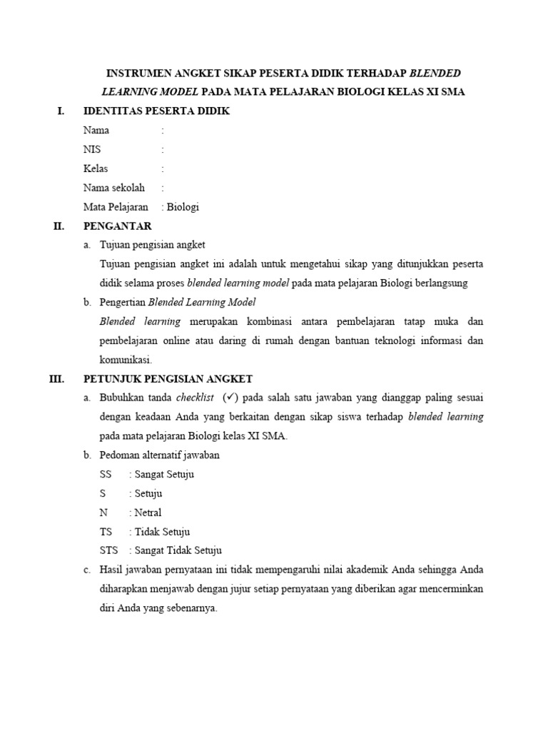 Instrumen Angket Sikap Siswa Terhadap Blended Learning Model Pada Mata ...