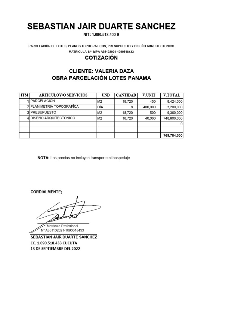 Cotización Parcelación y Diseño Panamá | PDF
