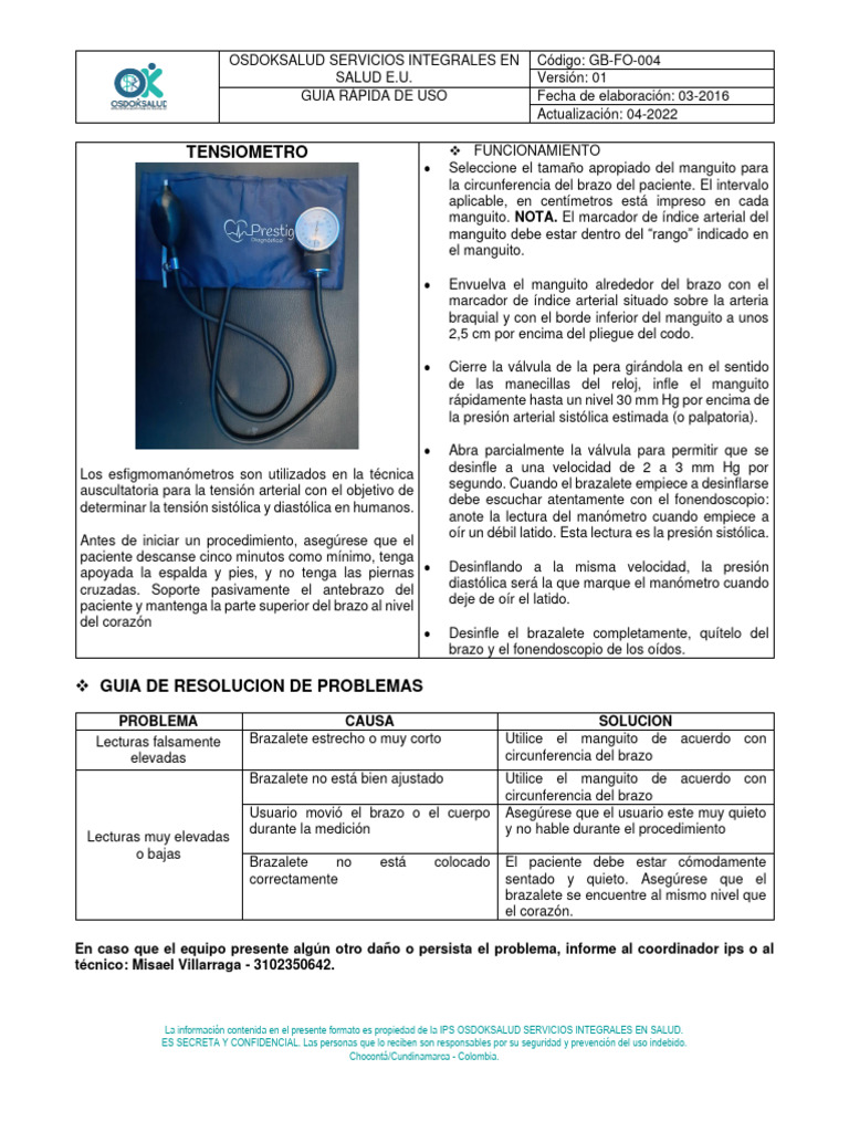 Guia Rapida de Uso de Tensiometro | Descargar gratis PDF | Presión sanguínea | Sistema ...
