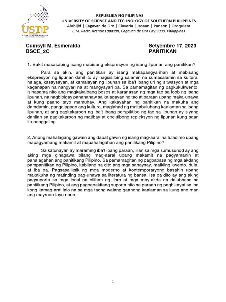 Esmeralda - Bsce - 2C - Panitikan (Ikalawang Gawain) | PDF