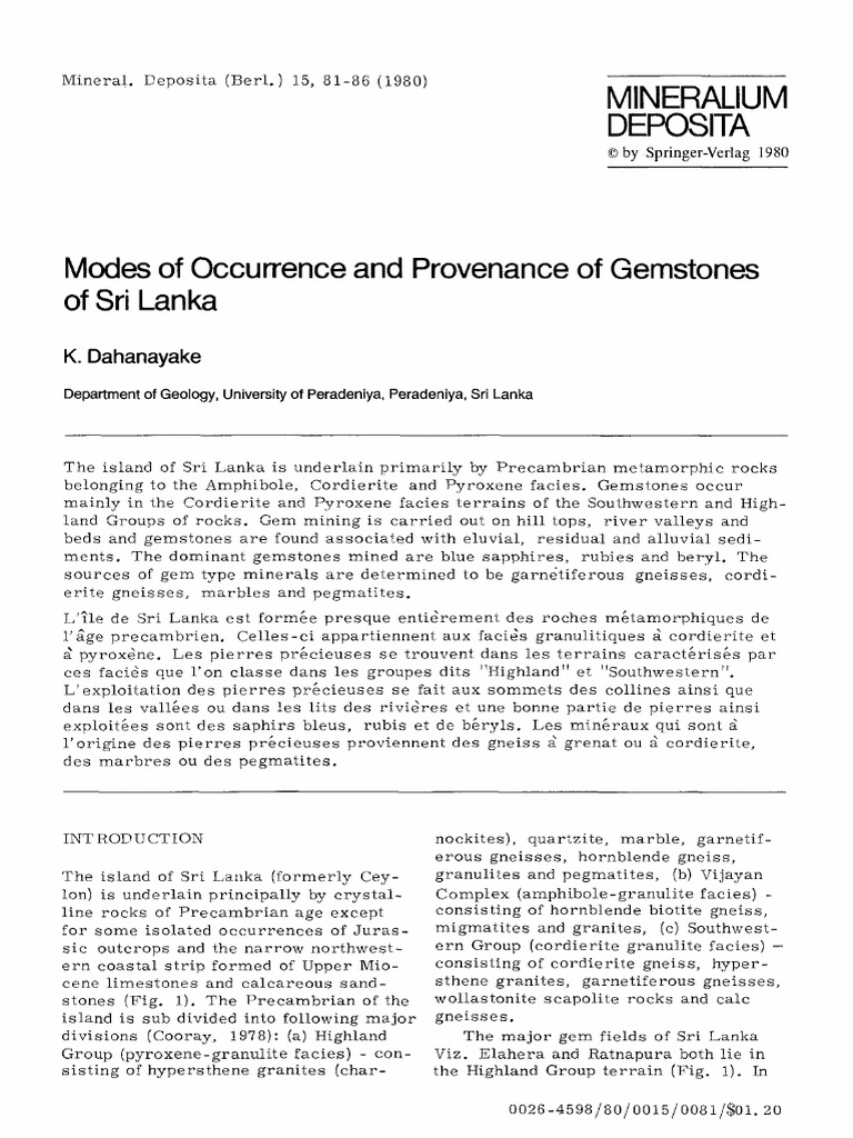 Modes of Occurrence and Provenance of Gemstones of Sri Lanka (Mineralium Deposita, Vol. 15 ...