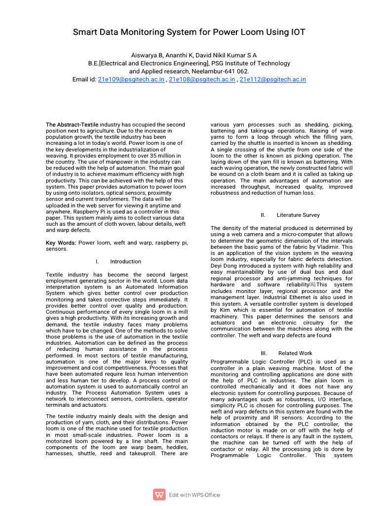 Smart Data Monitoring System For Power Loom Using IOT | PDF
