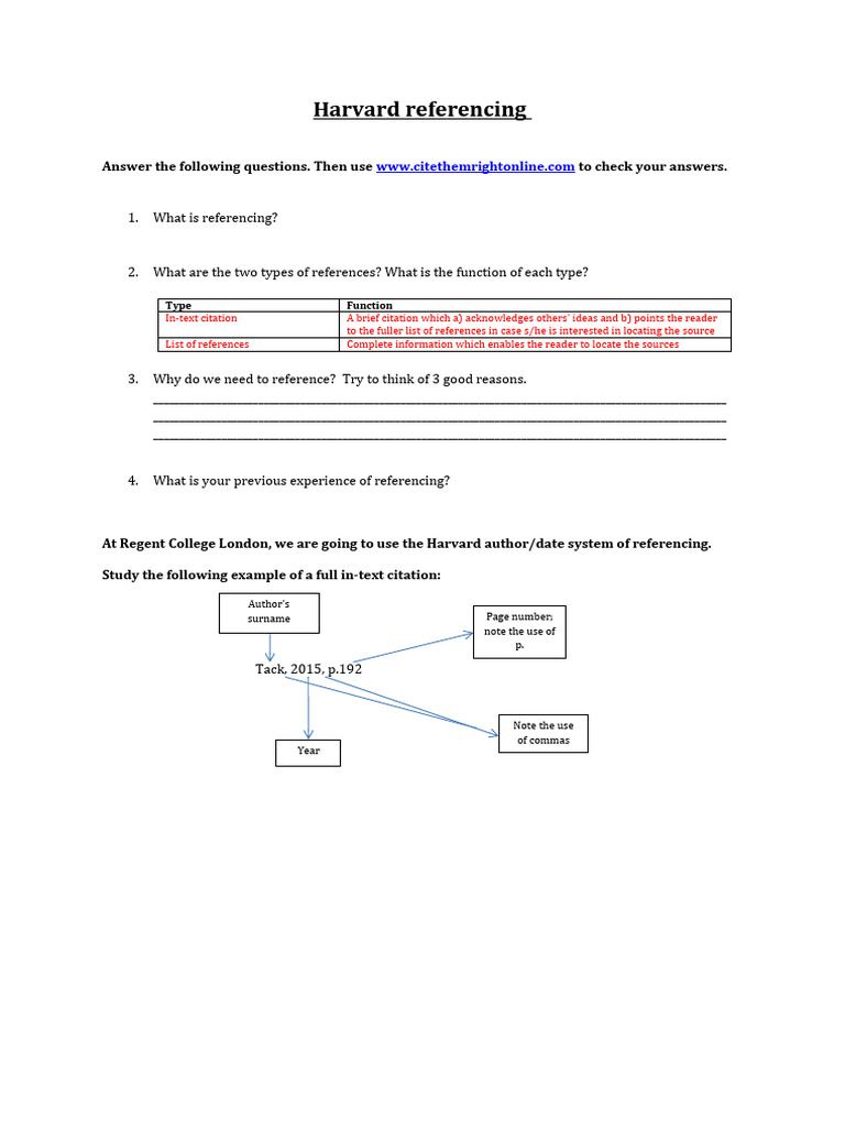 W9 - Class Materials - Harvard Referencing Worksheet (Answers) | PDF | Citation | Publishing