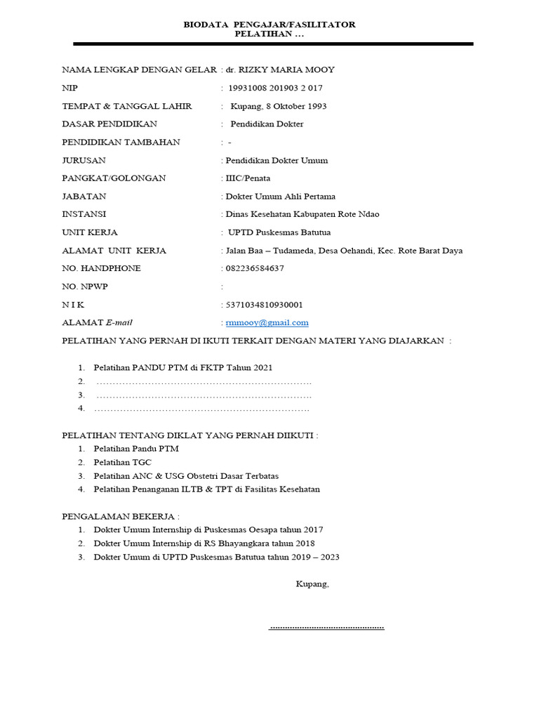Biodata Dr. Rizky Maria Mooy, Dokter Umum | PDF