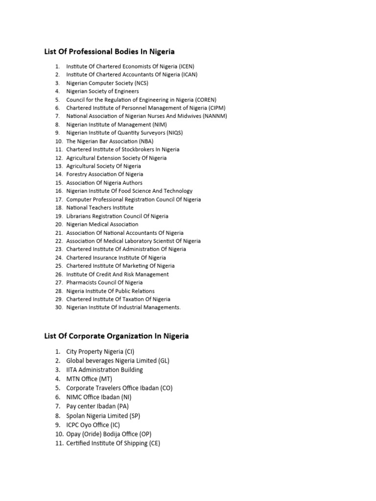 Professional Bodies in Nigeria List | PDF | Nigeria