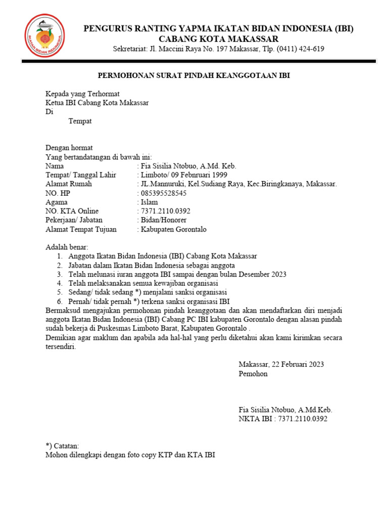 Permohonan Surat Pindah Keanggotaan Ibi | PDF