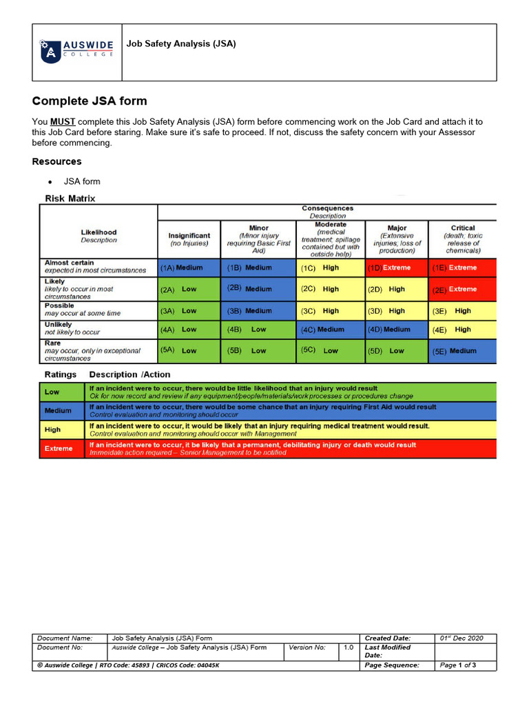 AURETR112 - Job Safety Analysis JSA Form.v1.0 | PDF | Hazards | Risk