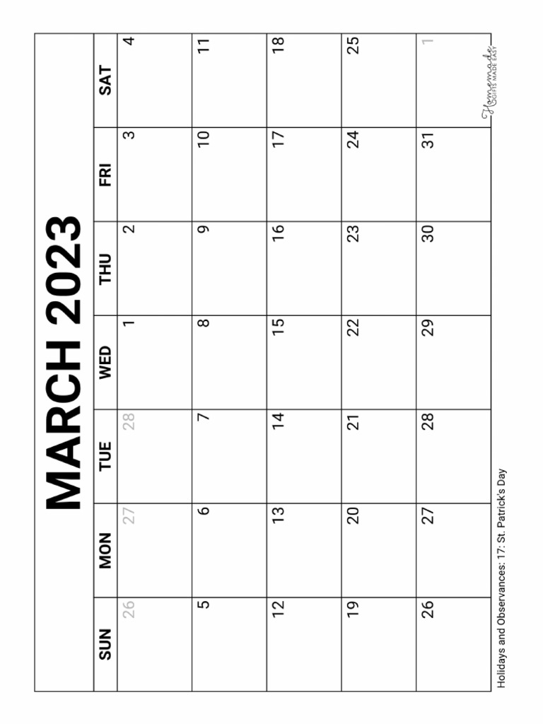 March Calendar 2023 Printable Blank | PDF