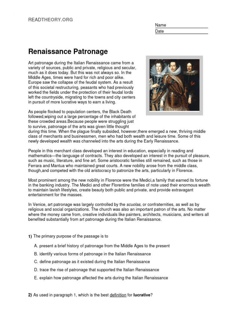 11 Quiz Worksheet | PDF | Renaissance | Patronage