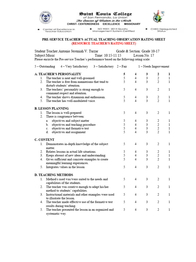 Demonstration Teaching Rubric Pdf Teachers Learning