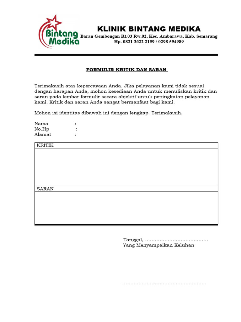 Formulir Kritik dan Saran Klinik | PDF