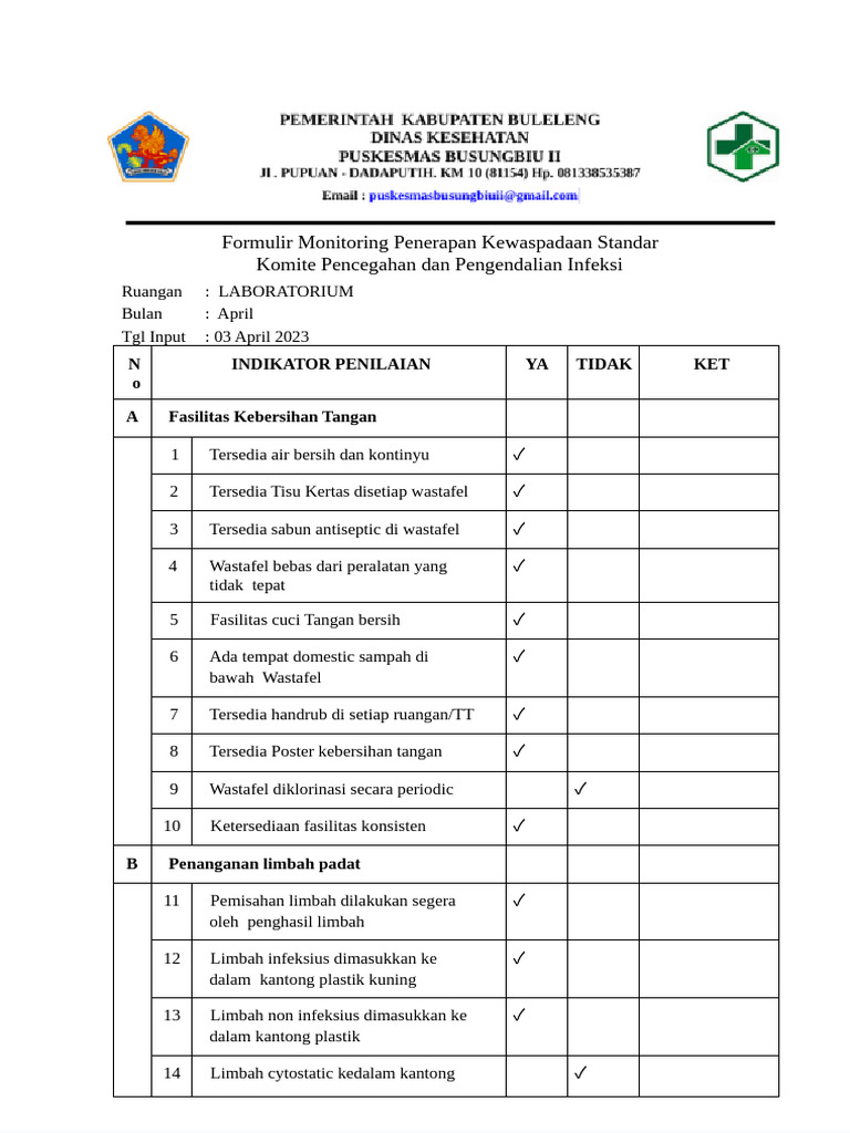 5.5.3.1 FORMULIR MONITORING PENERAPAN KEWASPADAAN STANDAR PPI BSB II LABORATORIUM.docx - Google ...