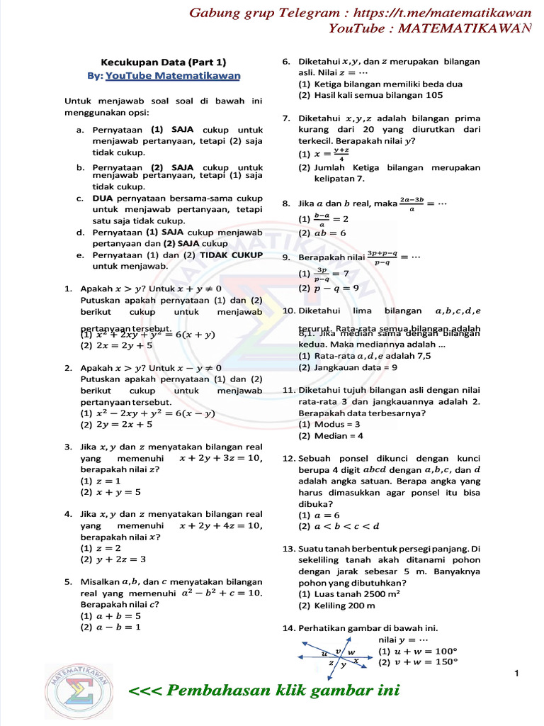 PDF Matematikawan 20 Soal Kecukupan Data Part 1 - Compress | PDF