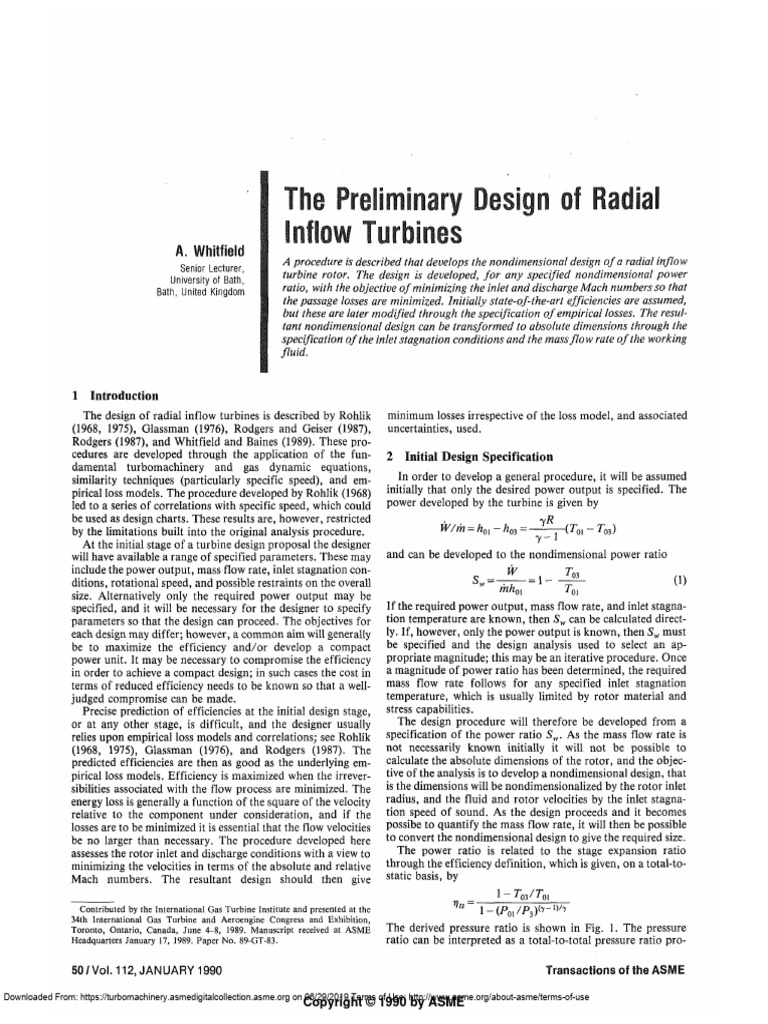54-Whitfield A., The Preliminary Design of Radial Inflow Turbines | PDF ...