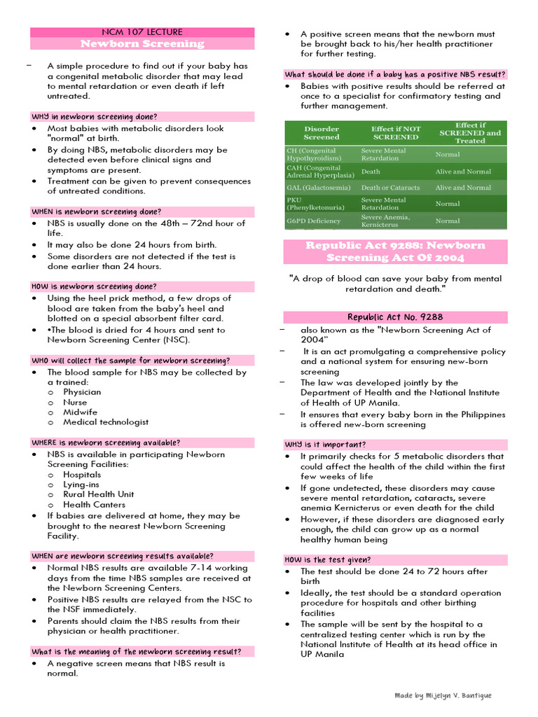 NCM107 - Prelim - Newborn Screening, Newborn Screening Act and ...