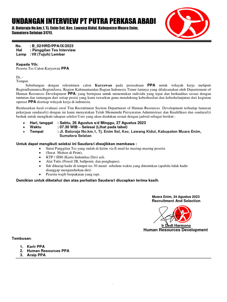 Lampiran Undangan Interview Putra Perkasa Abadi (PPA) | PDF