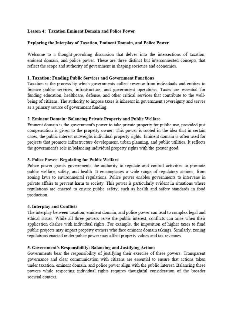 Lesson 4 Taxation Eminent Domain and Police Power | PDF | Taxes ...