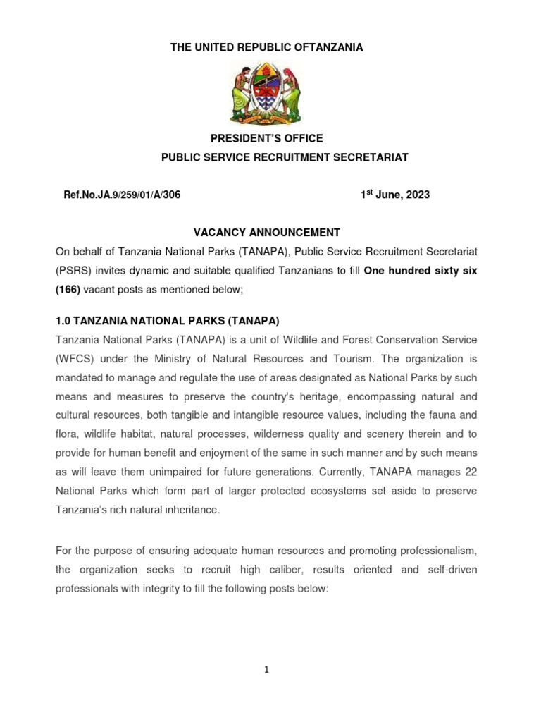 TANGAZO LA KAZI LA TANAPA | PDF | Audit | Internal Audit