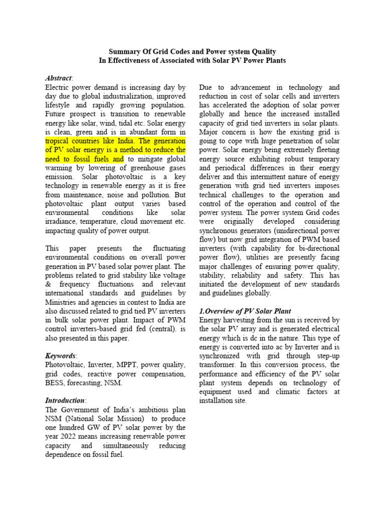 Grid Codes and Power Quality in PV Solar Plant Rev 00 | PDF | Solar ...