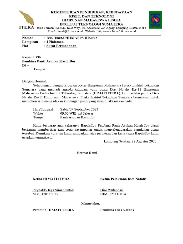 Surat Perizinan Kunjungan Panti Asuhan Dies | PDF Surat Perizinan Kunjungan Panti Asuhan Dies | PDF