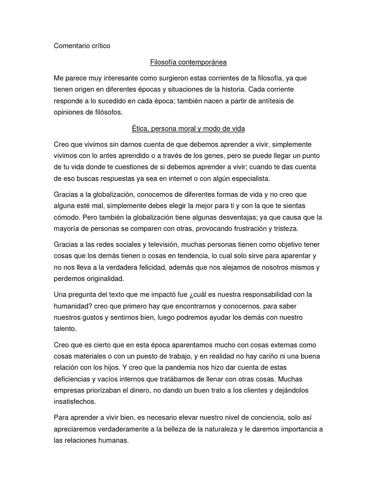 Comentario Crítico Filosofia y Etica | PDF | Relaciones personales ...