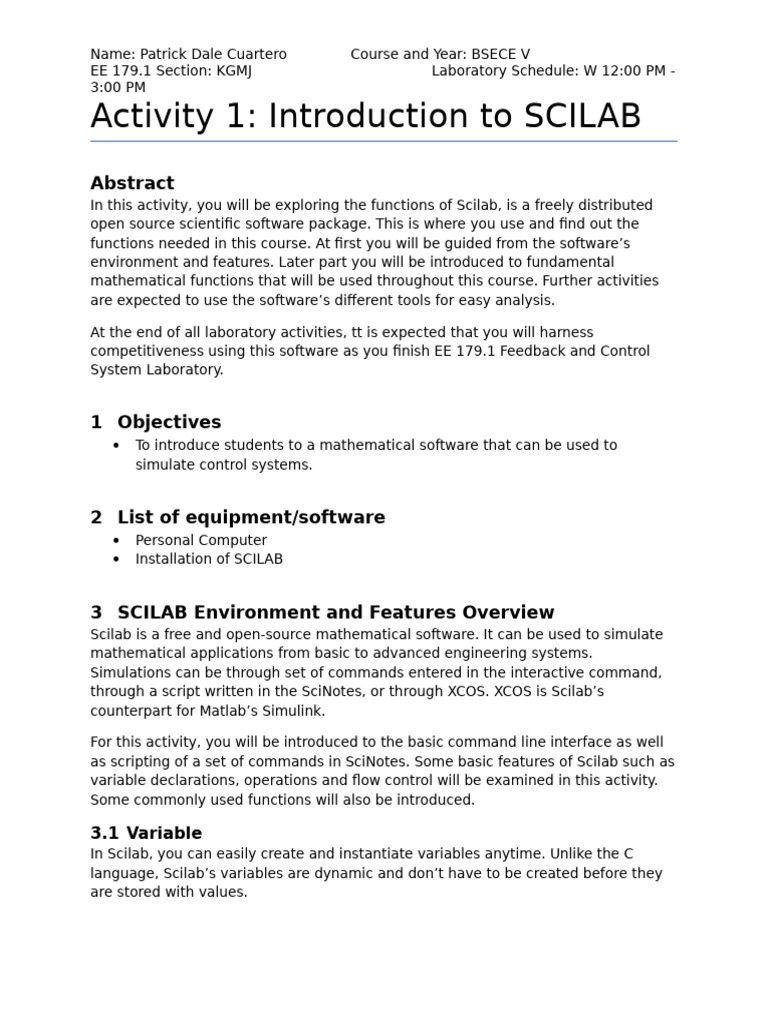 Scilab Basics for EE 179.1 Lab | PDF | Matrix (Mathematics) | Computer ...