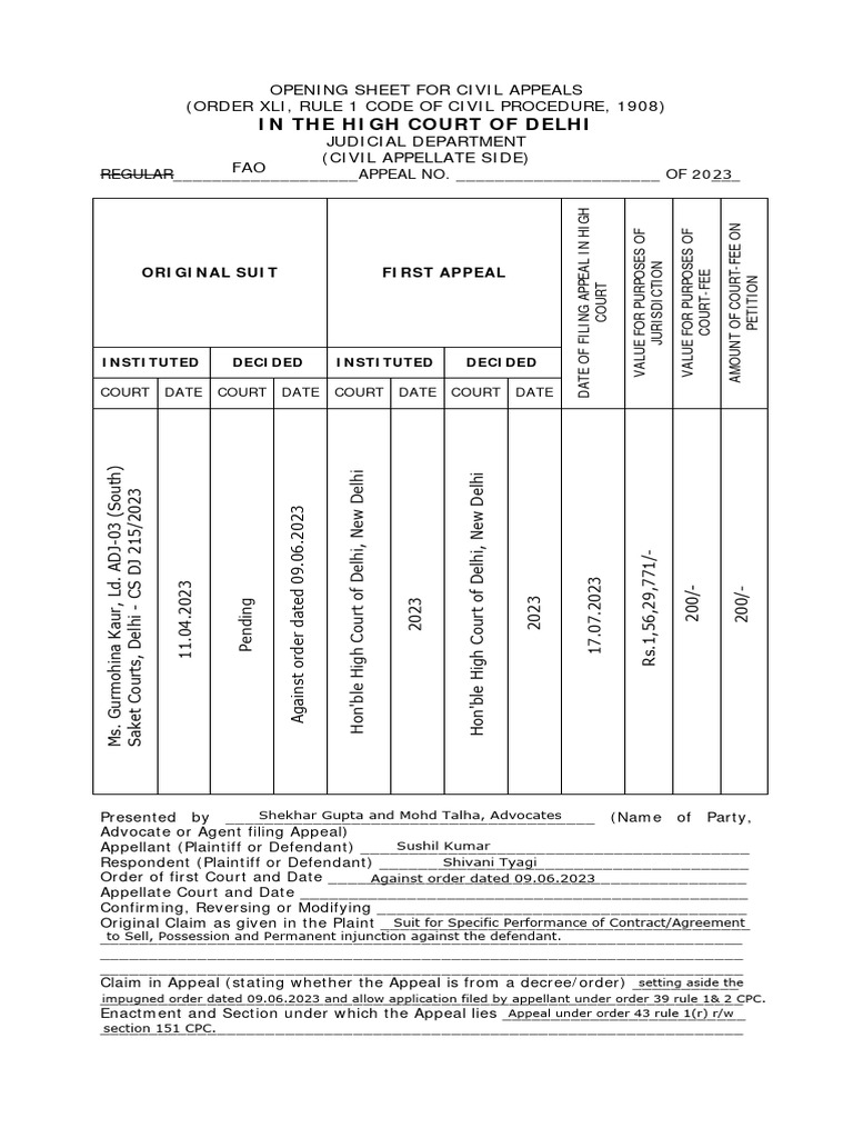 Opening Sheet for Civil Appeals in Delhi | PDF | Lawsuit | Appeal