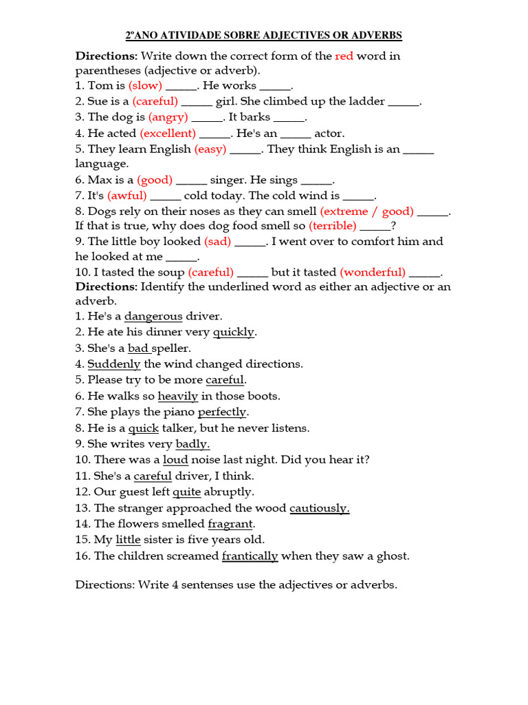 Adjectives and Adverbs Activity Sheet | PDF | Language Arts ...
