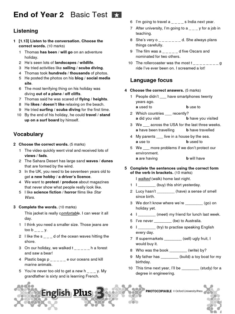 End of Year 2 Basic Test | Download Free PDF | Teachers | Vocabulary