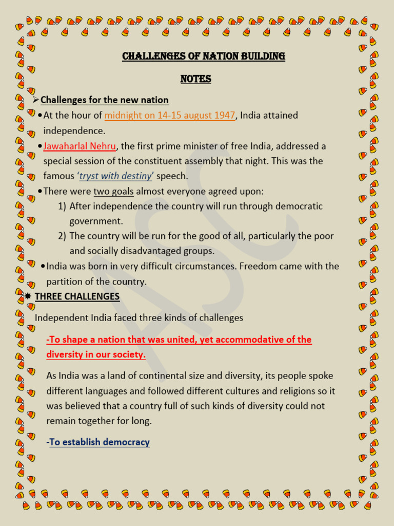 NOTES (CH - 1) Challenges of Nation Building (Class 12) | PDF ...