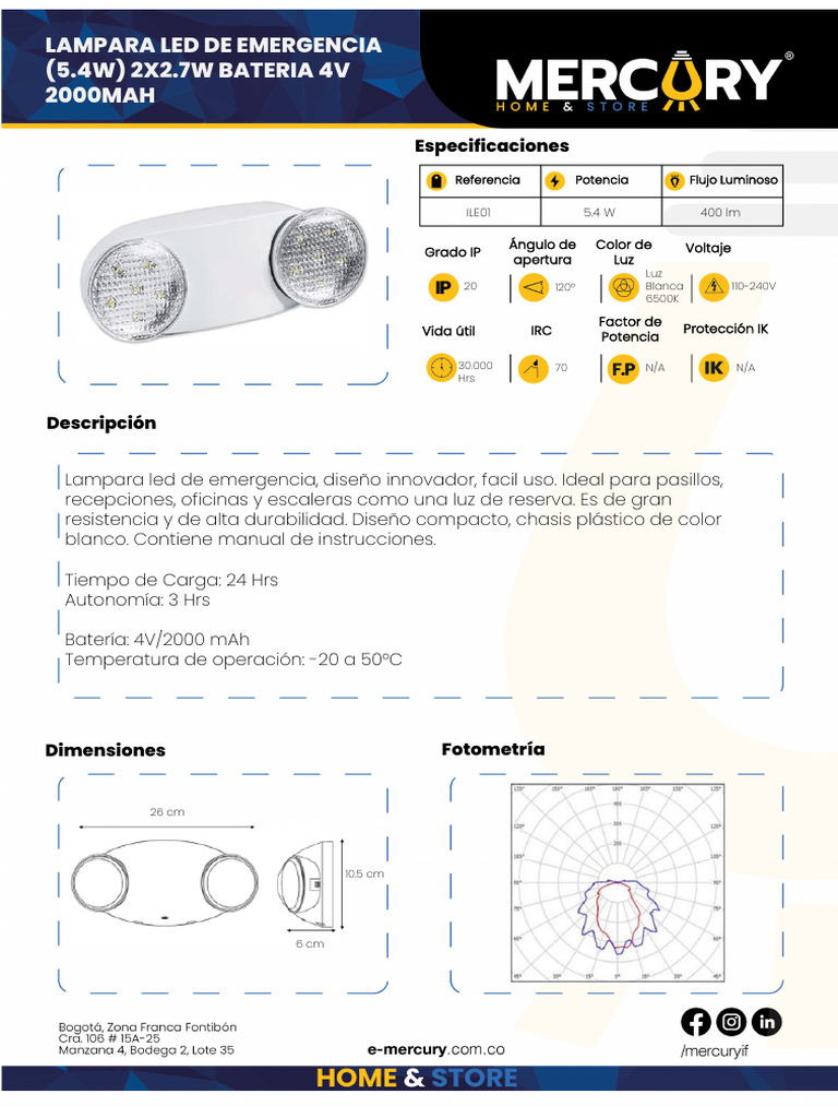Ficha Técnica ILE01 LAMPARA LED DE EMERGENCIA (5.4W) 2X2.7W BATERIA 4V 2000MAH MD790 | PDF