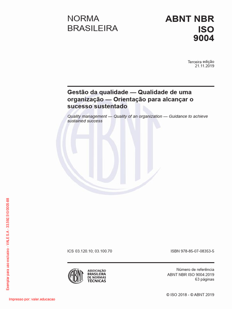 Norma Brasileira: Abnt NBR ISO 9004 | PDF | Qualidade (negócios) | Business